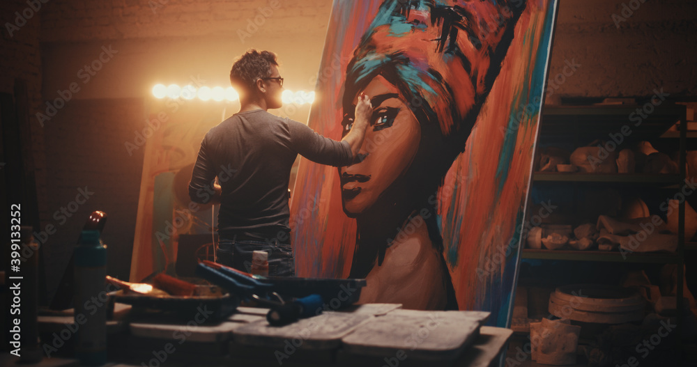 Man creating portrait of black woman Stock Photo | Adobe Stock