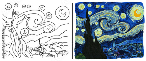 Coloring page with "The Starry Night" based on Vincent van Gogh's ...