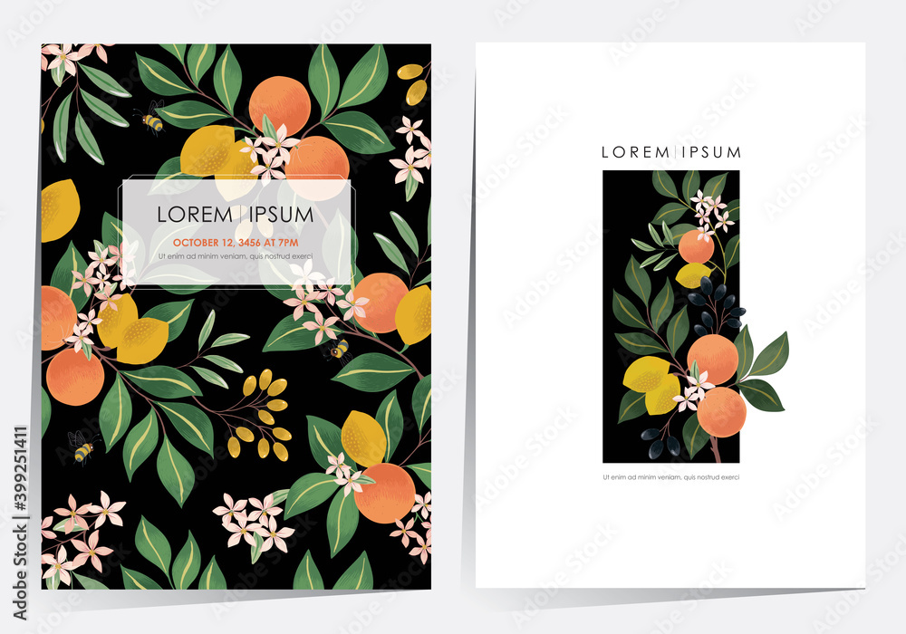 Vector illustration of a beautiful floral frame set with fruits. Design ...