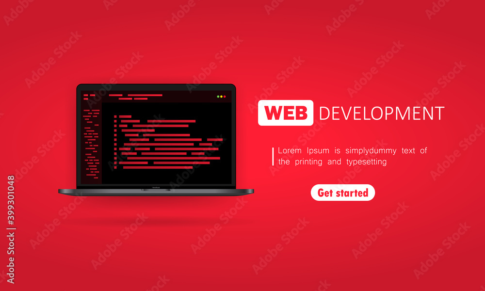 Web development banner. Working on laptop. Flat design concepts for analysis, coding ...