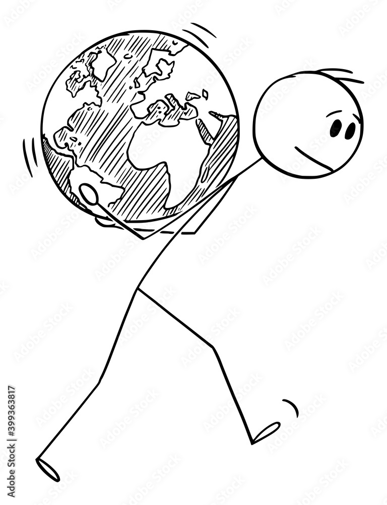 Vector cartoon stick figure illustration of man carrying planet Earth ...
