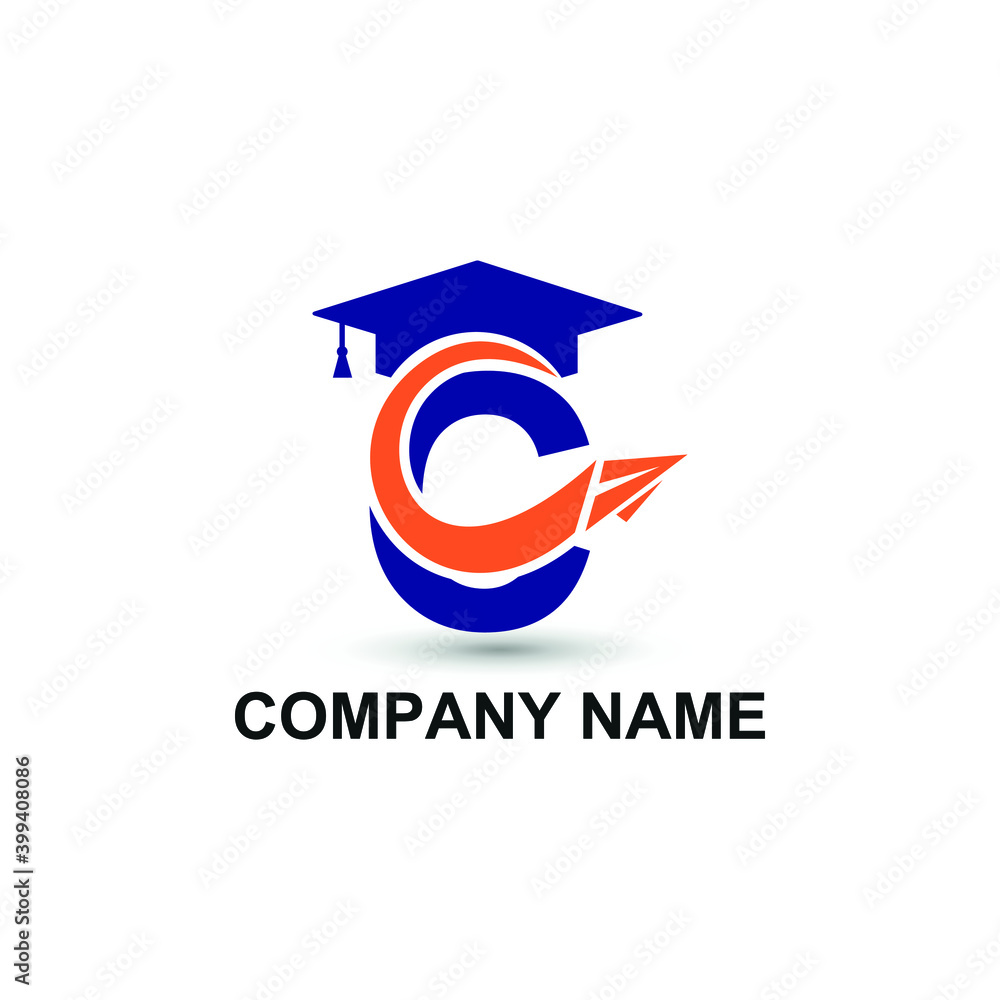 Initial letter C with toga hat graduation gown and paper plane flying ...