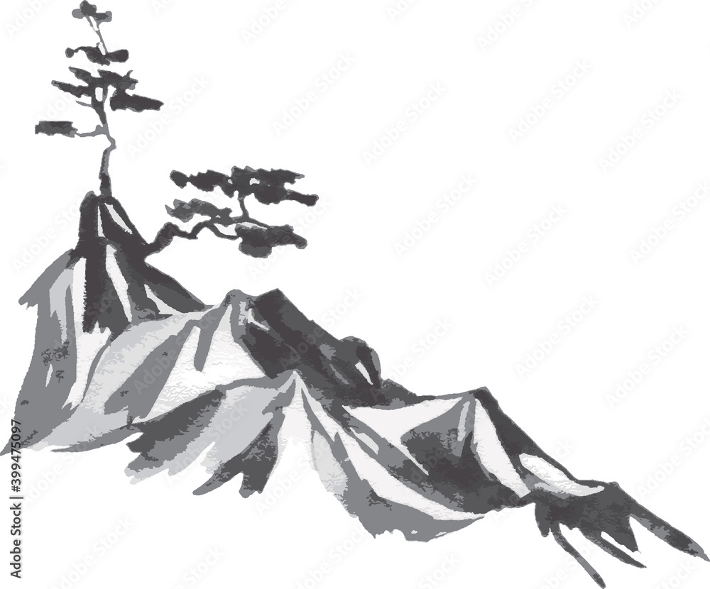 Japan traditional sumi-e painting. Fuji mountain, mountains, sunset ...
