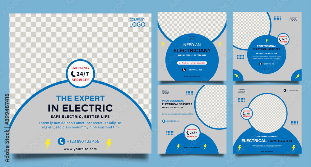 Electrical service. Minimal square banner templates. Blue and gray ...