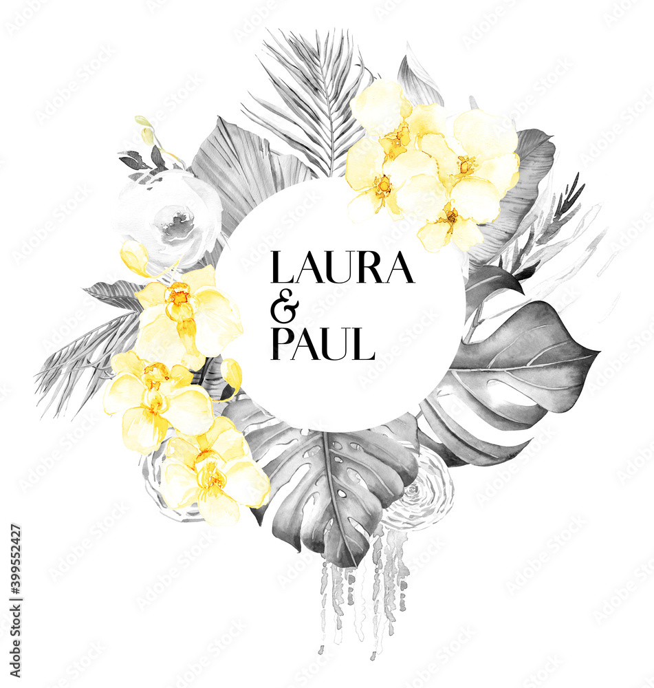 Watercolor boho tropical watercolor floral frame clipart, gray and ...