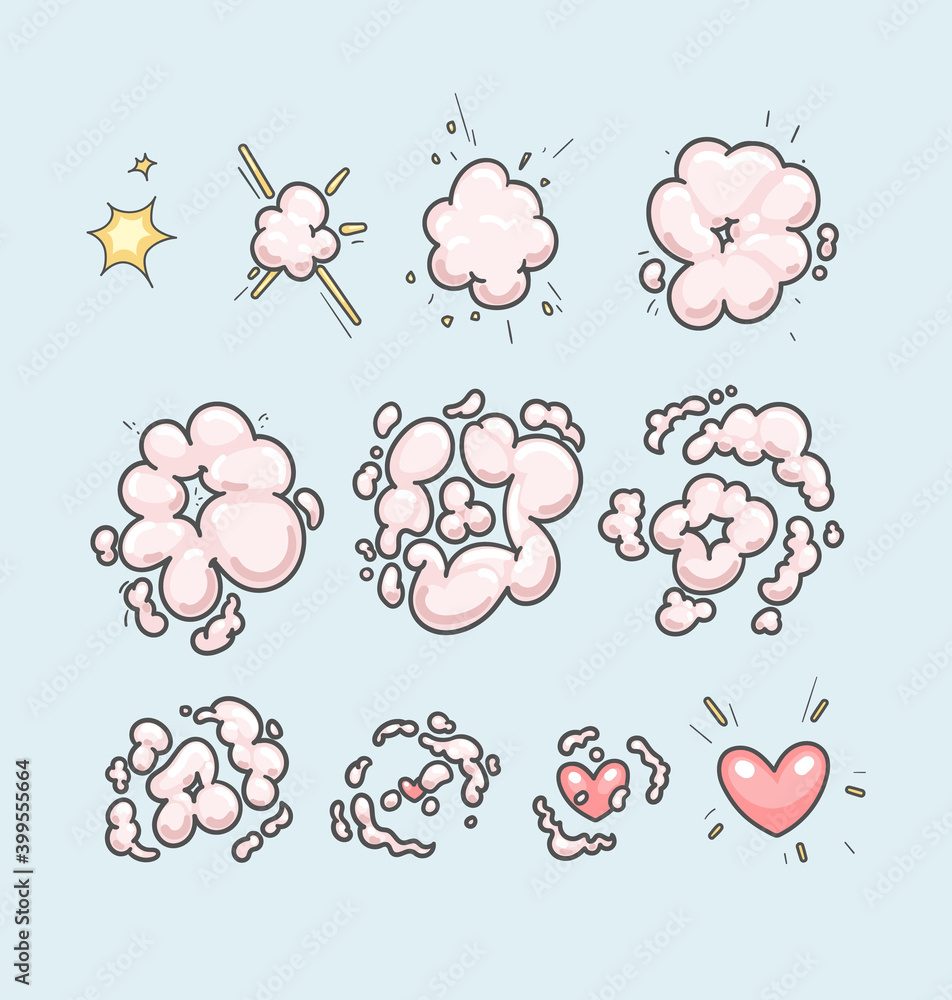 Cartoon pink explosion and heart storyboard. Kids bright vector ...