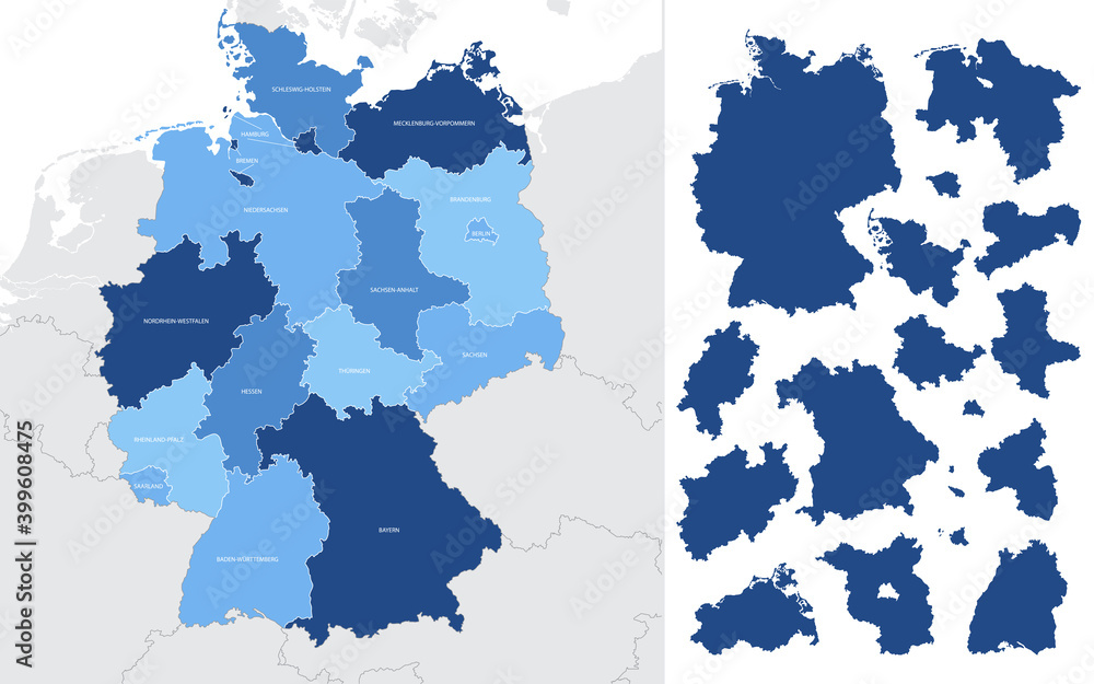Detailed vector blue map of Germany with administrative divisions into ...