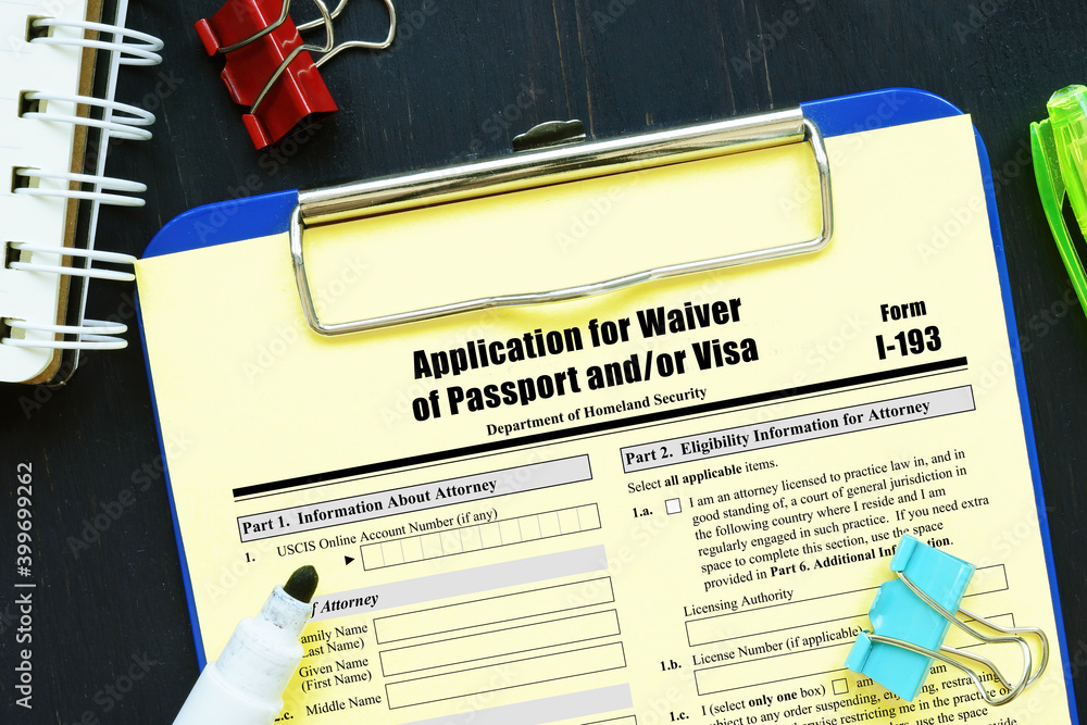 Form I-193 Application for Waiver of Passport and/or Visa Stock Photo ...