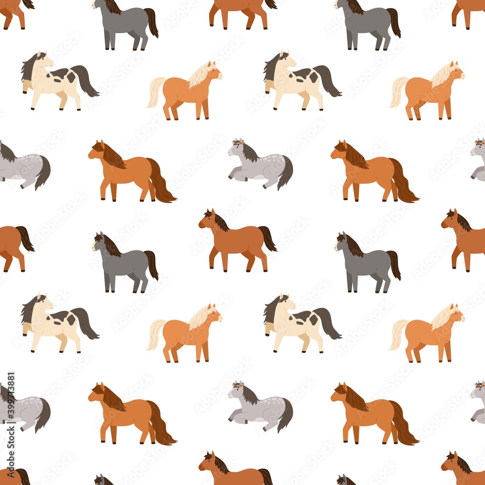 Seamless pattern of different cute little horses. Repeatable background ...