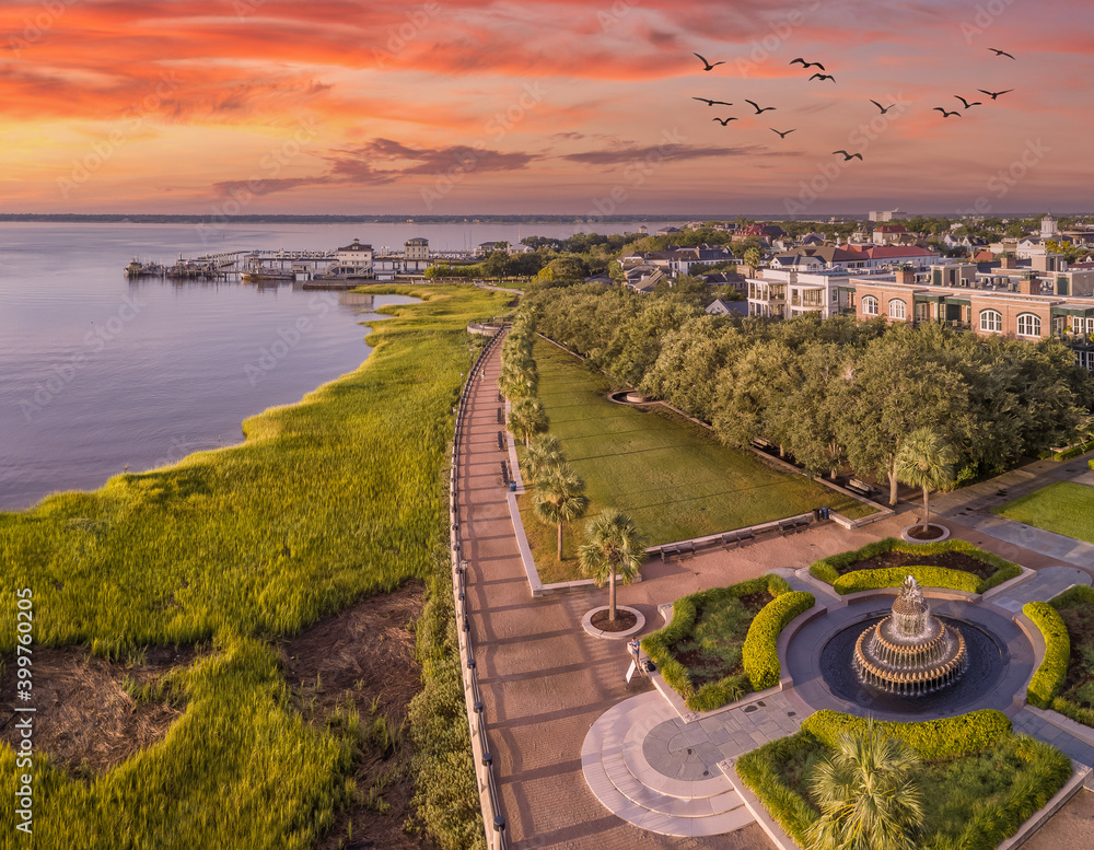 Charleston skyline with pink sky and clouds Stock Photo | Adobe Stock