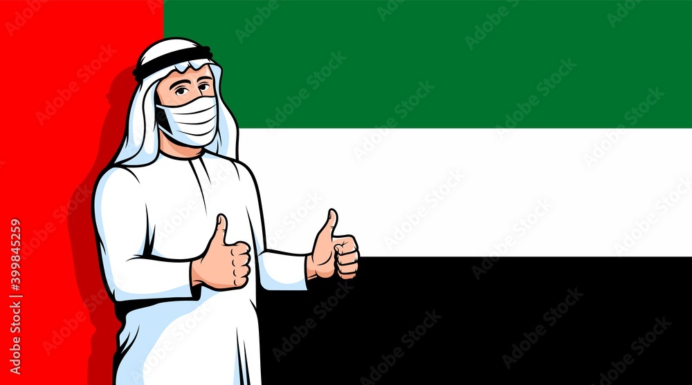 Arabic man in medical mask thumbs up on united arab emirates flag ...