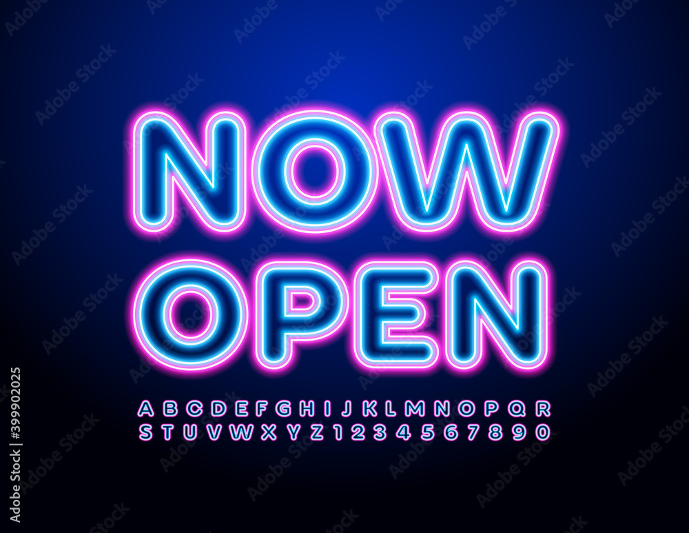 Vector signboard template Now Open. Glowing light Font. Neon Alphabet ...
