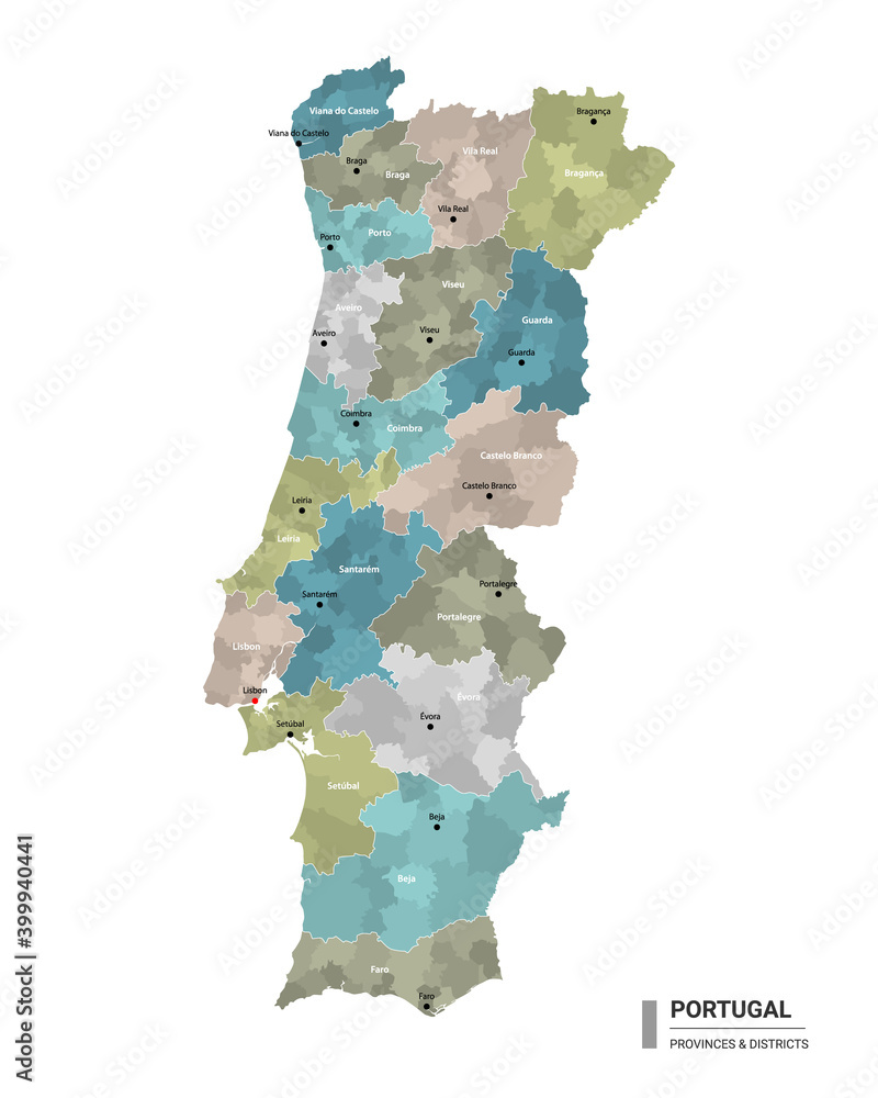Portugal higt detailed map with subdivisions. Administrative map of ...