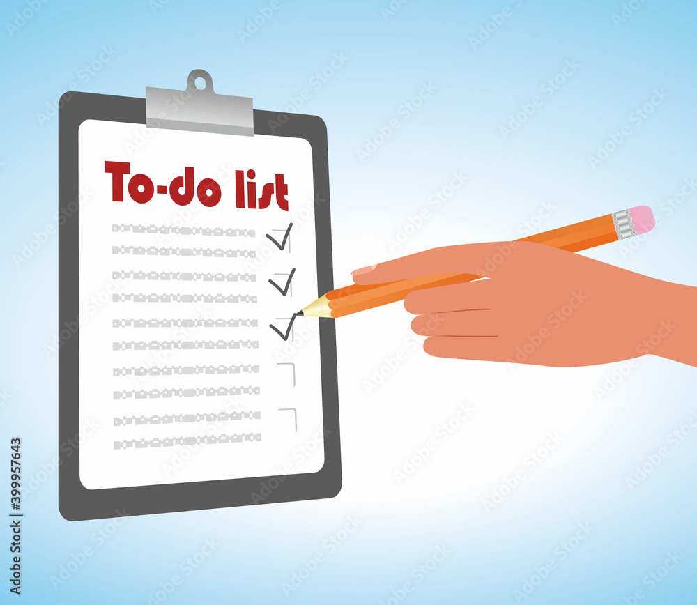 To do list, check list with hand and pen. Vector illustration. EPS10 ...