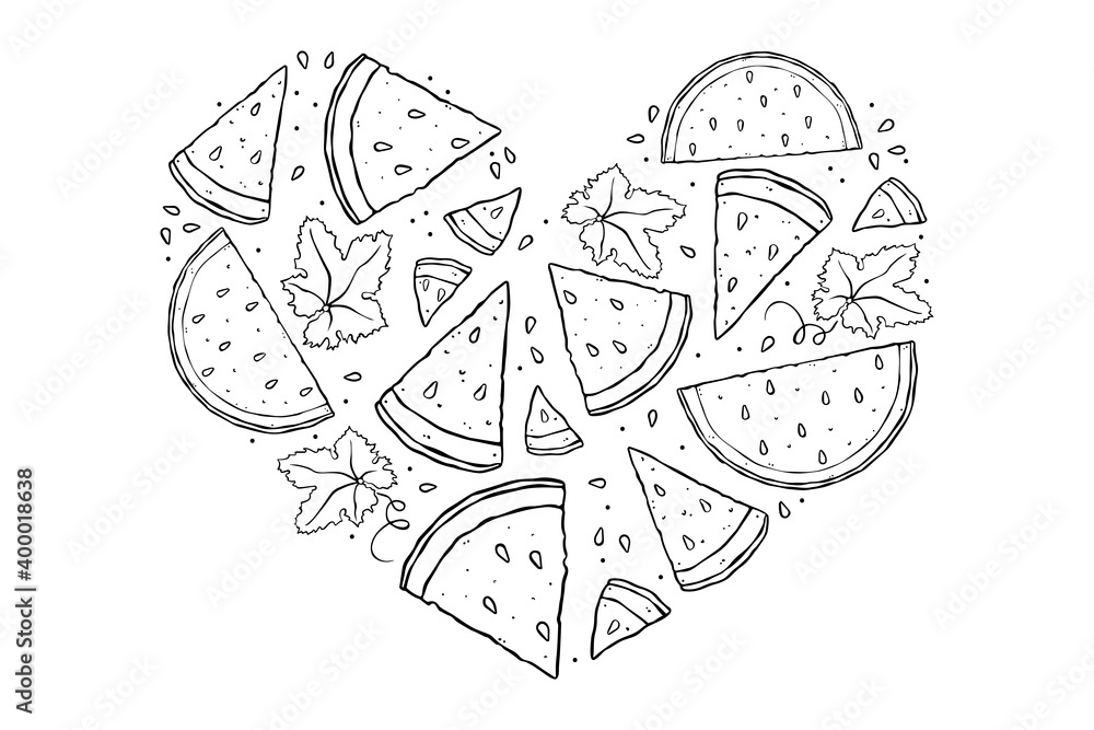 Hand drawn illustration watermelon black outline in the shape of a ...