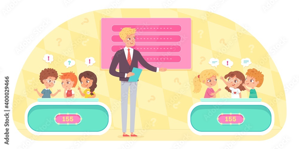 Kids playing quiz game with show host. Smart children in teams ...