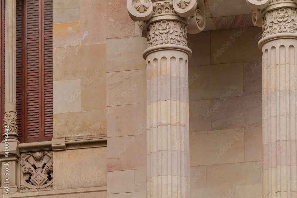 Elements of architectural decorations of buildings, columns and tops ...