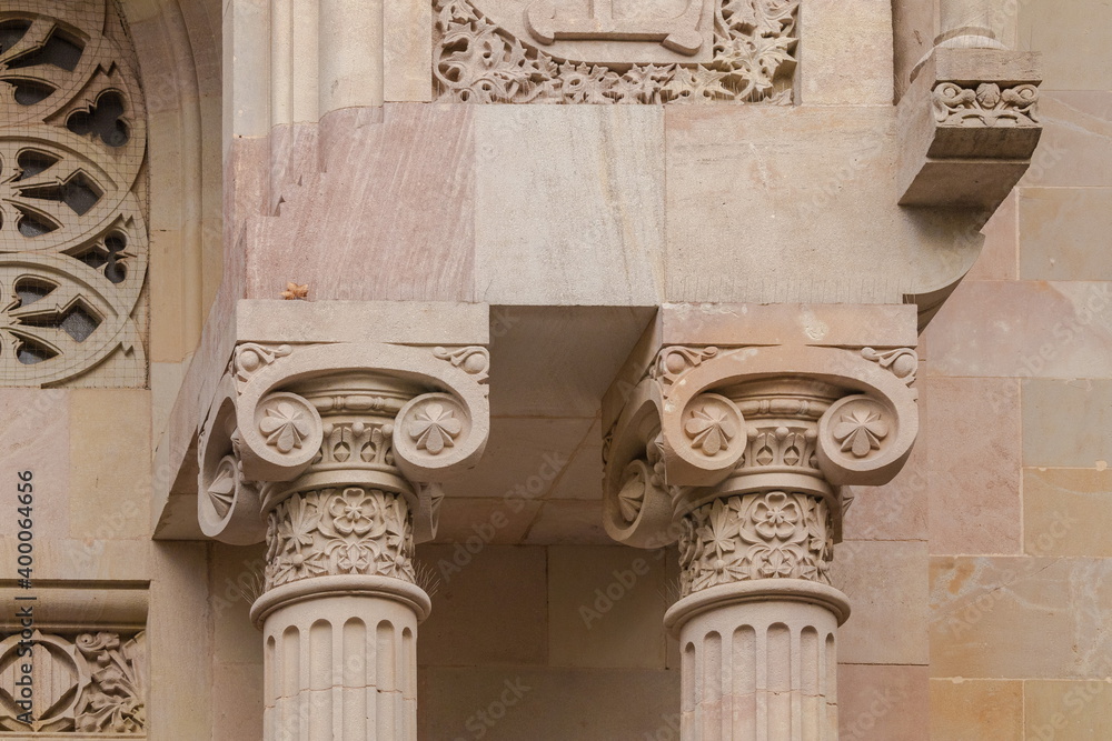 Elements of architectural decorations of buildings, columns and tops ...