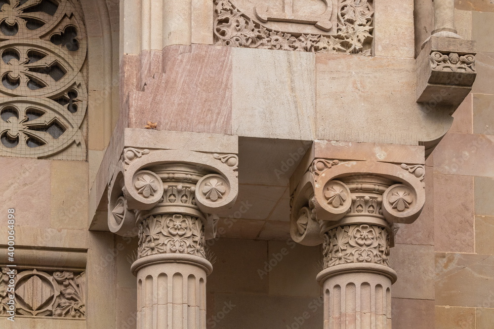 Elements of architectural decorations of buildings, columns and tops ...