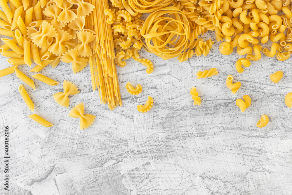 Italian foods concept and menu design. Various kind of Pasta Farfalle ...