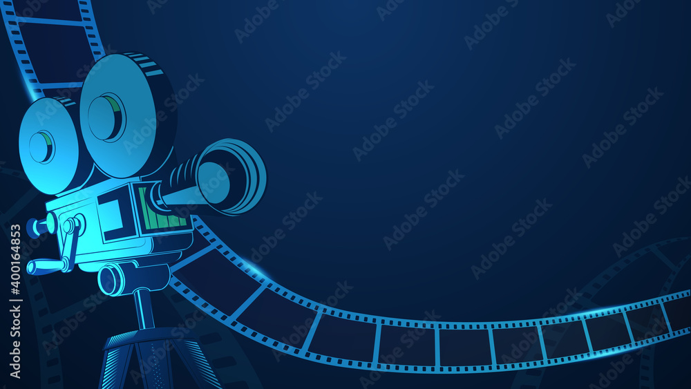 Cinema background with movie projector and film strip. 3d isometric ...