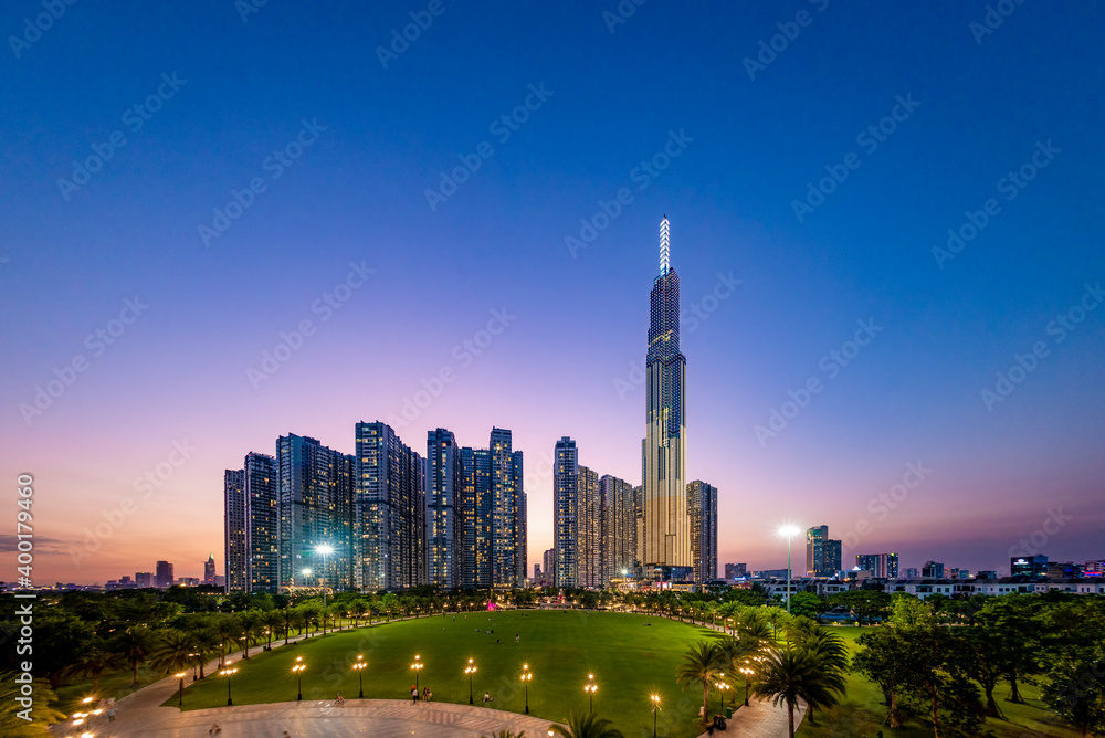 Landmark 81 and park. Landmark 81 is a super-tall skyscraper currently ...