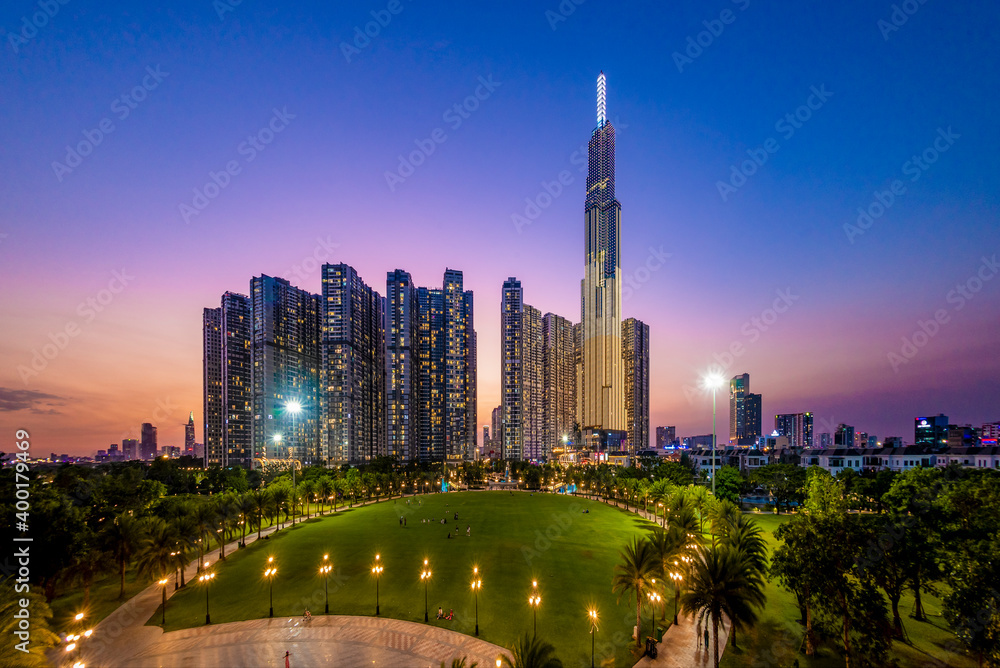 Landmark 81 and park. Landmark 81 is a super-tall skyscraper currently ...