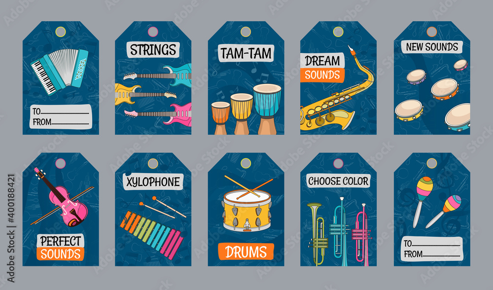 Special tag designs with musical instruments. Drums, guitars, accordion ...