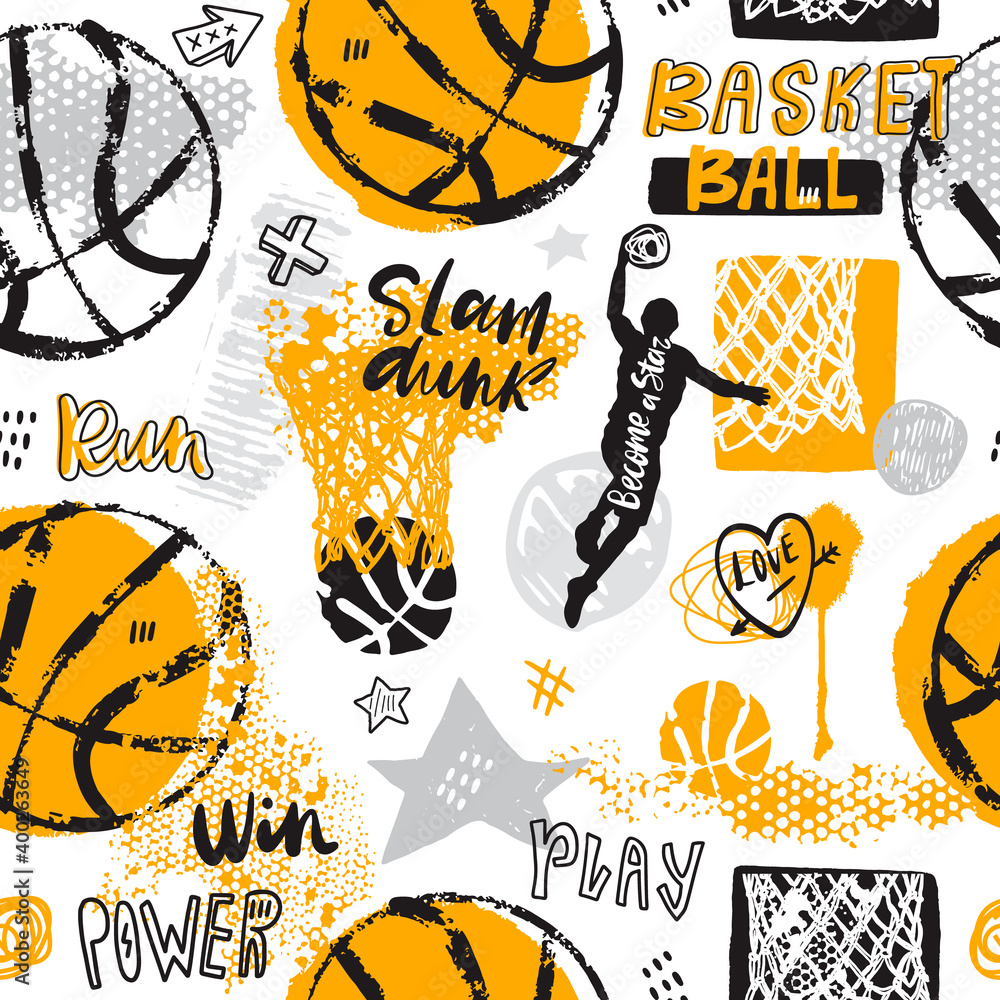 เวกเตอร์ Stock Hand-drawn basketball seamless pattern. Sports ...