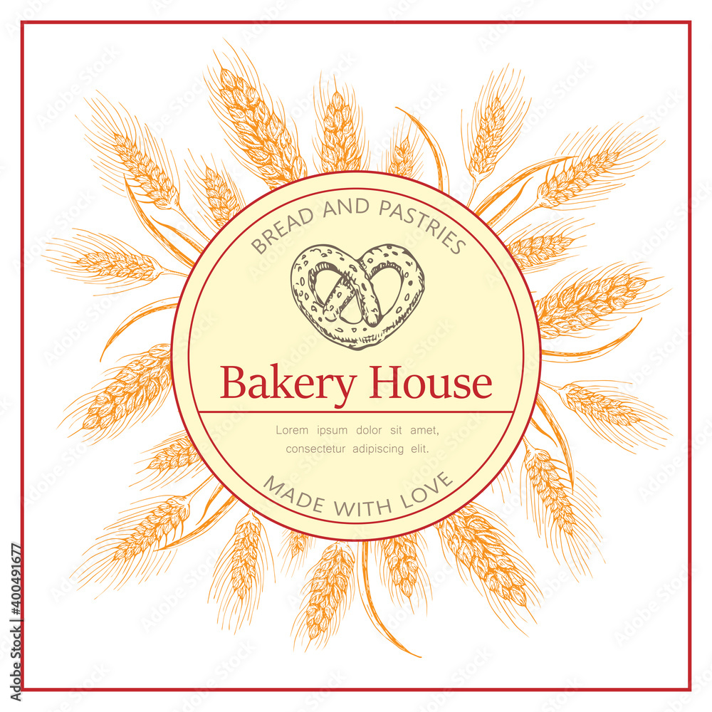 Bakery, pastry shop label, flyer template with wheat ears wreath and ...