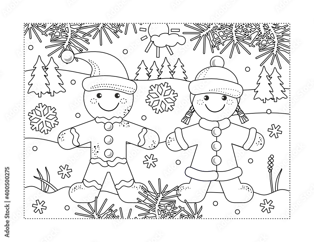 This is coloring page with gingerbread man and gingerbread girl walking ...