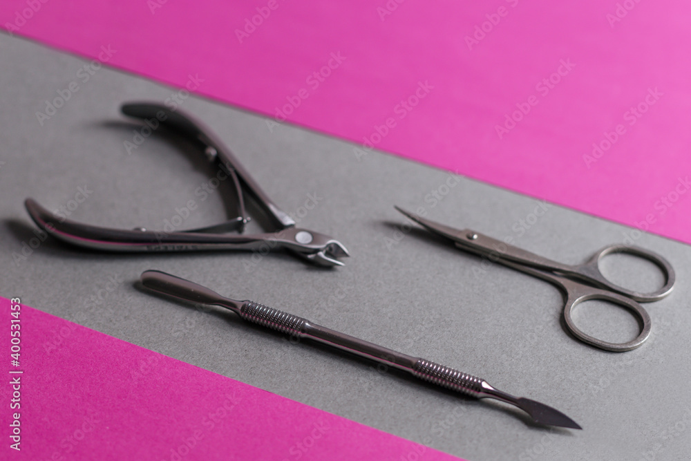 Set of manicure and pedicure tools with space.A classic metal kit of ...