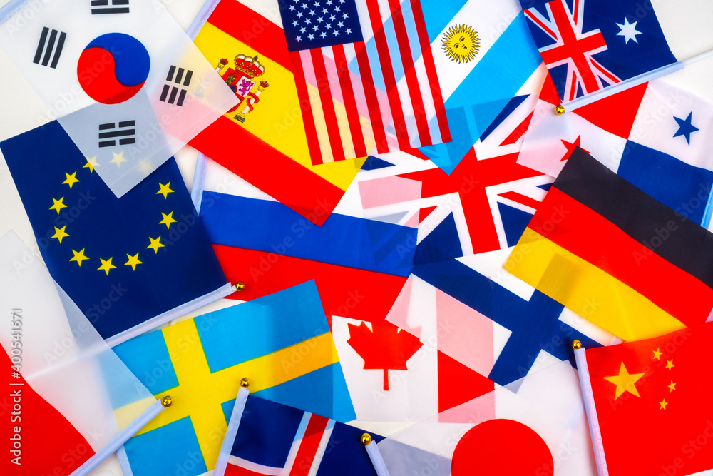 Flags of different countries are mixed. State flags are scattered on ...