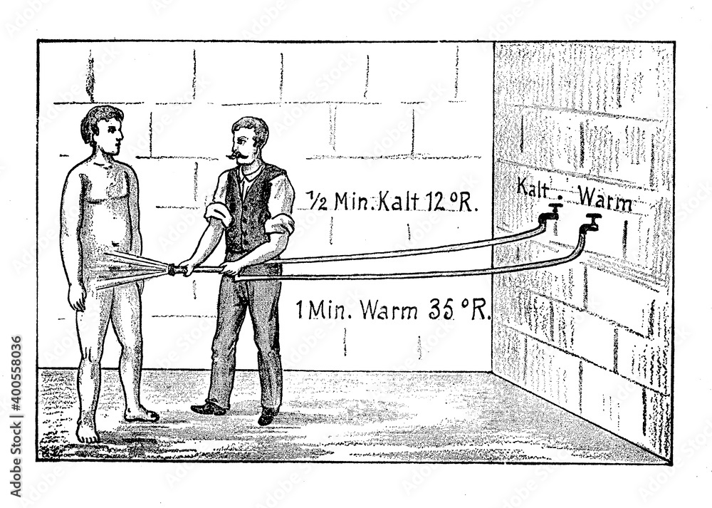 Contrast shower therapy: man taking a shower froma nurse, alternating ...