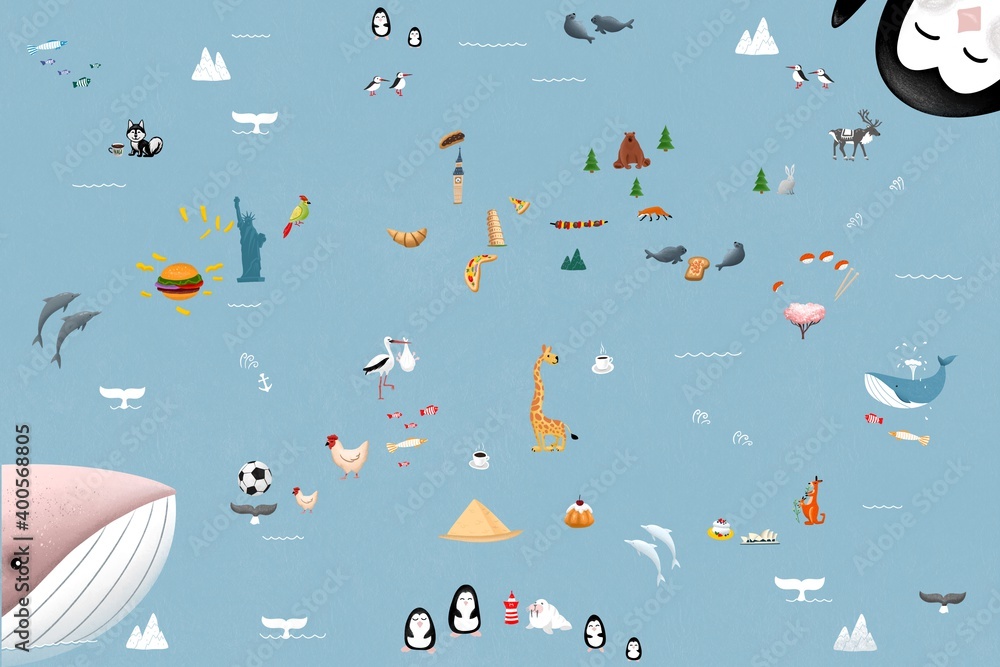 Children's world map with wild animals. Famous landmarks on the world ...