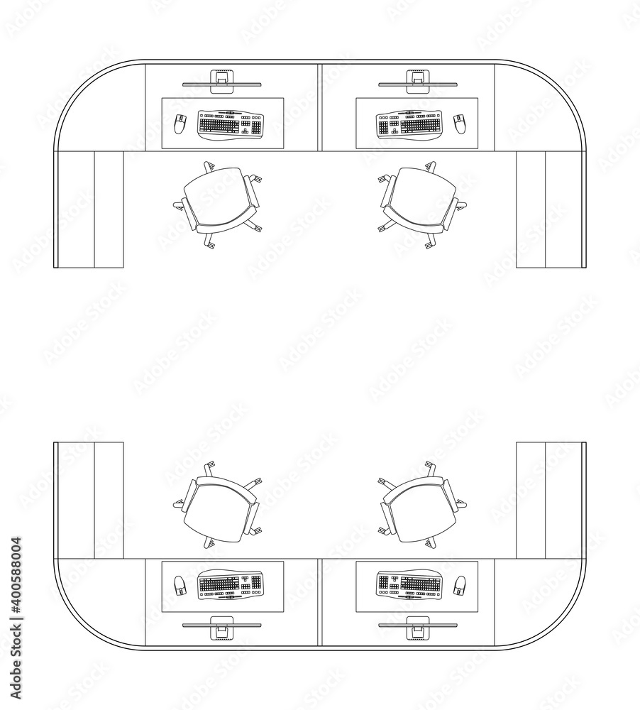 Image of office cubicle and workstation from above in 2D CAD drawing ...