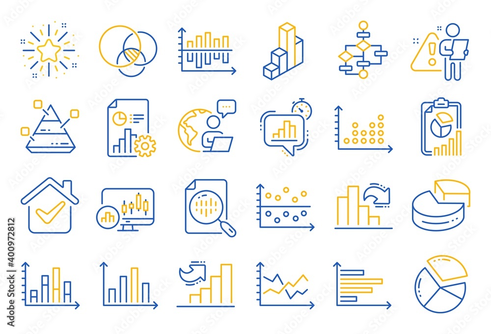 Stock-Vektorgrafik „Charts and Diagrams line icons. Report, 3D Chart, Block diagram and Dot Plot ...
