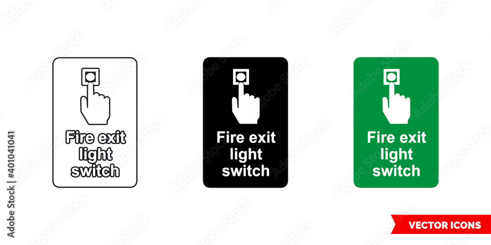 Emergency escape sign fire exit light switch icon of 3 types color ...