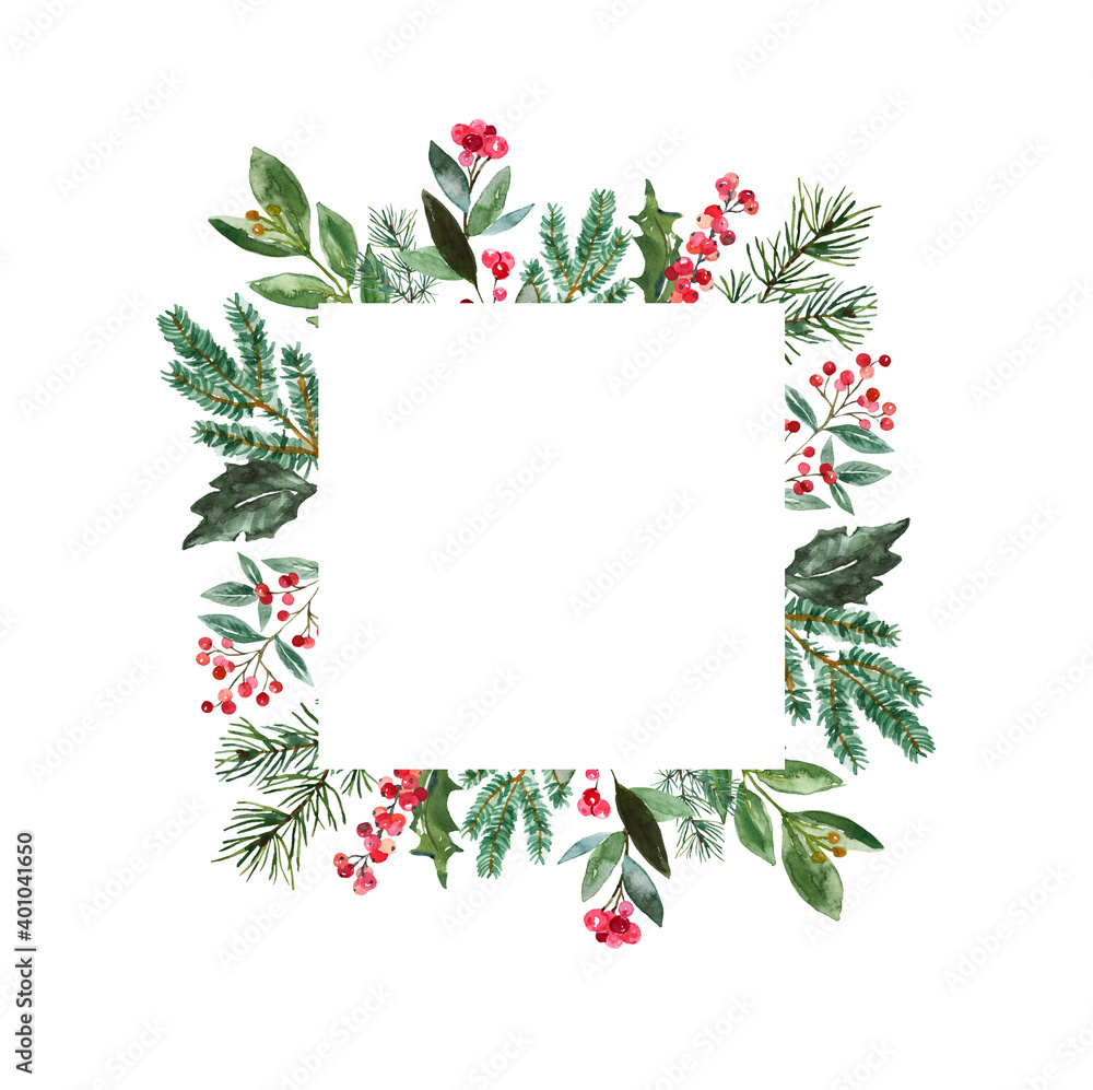 Square Christmas greenery frame. Watercolor winter plants, green leaves ...