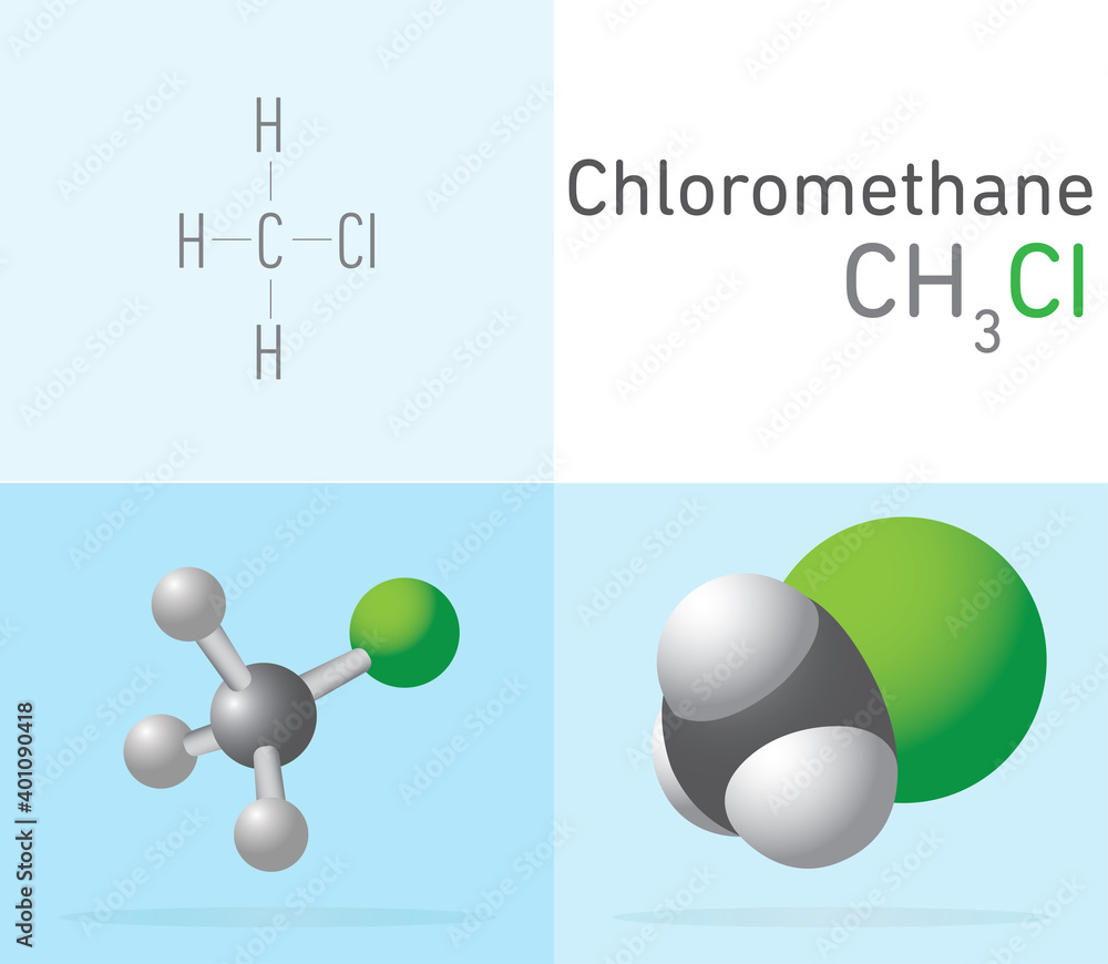 Vektor Chloromethane (CH3CI) gas molecule. Two different molecule model ...