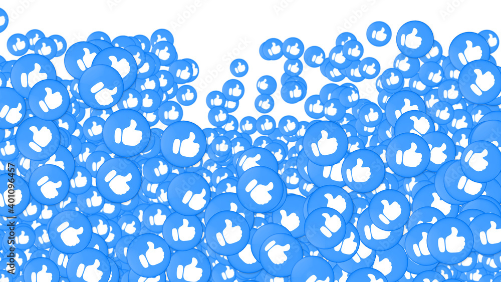 Multiple like reaction emojis rising up agaisnt a white background ...