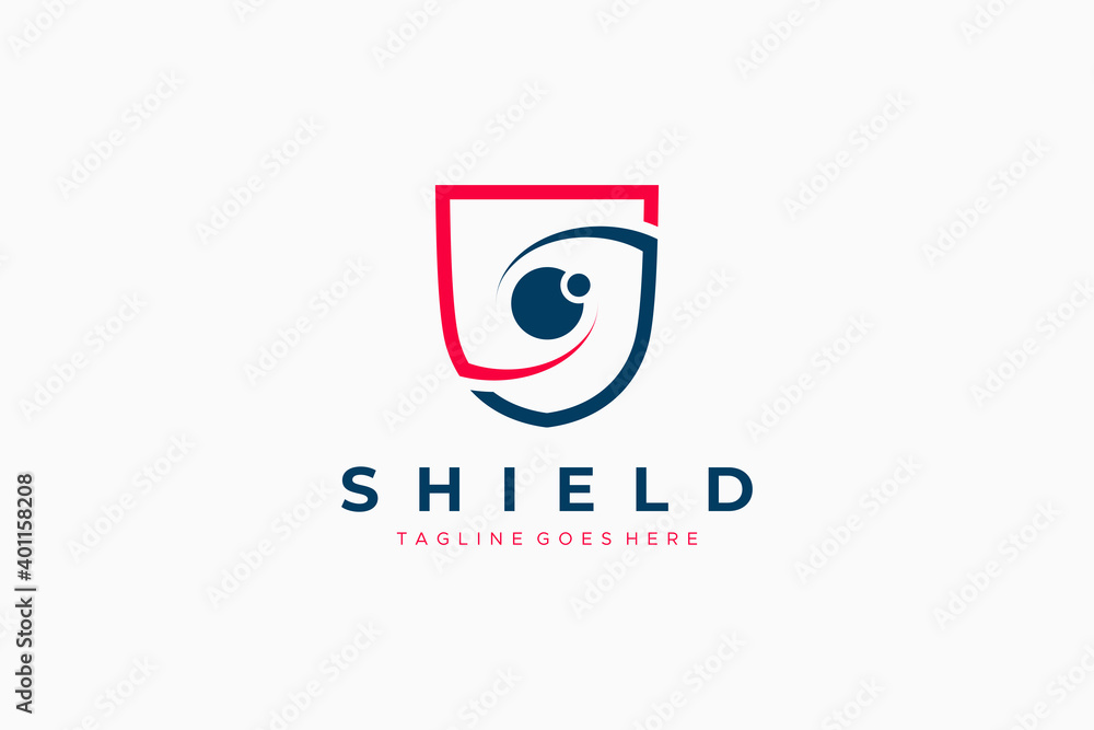 Abstract Security Logo. Red and Blue Shield Icon Linear Style with Eye Lens Camera inside ...