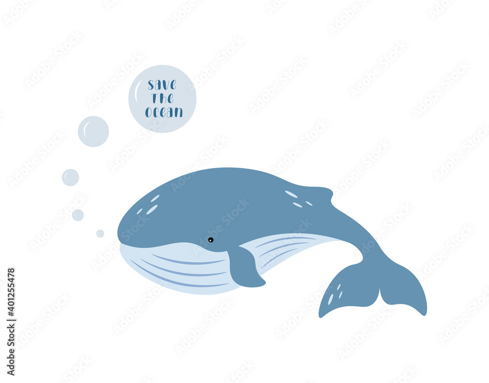 Vector illustration of the blue whale with water bubbles and text ...