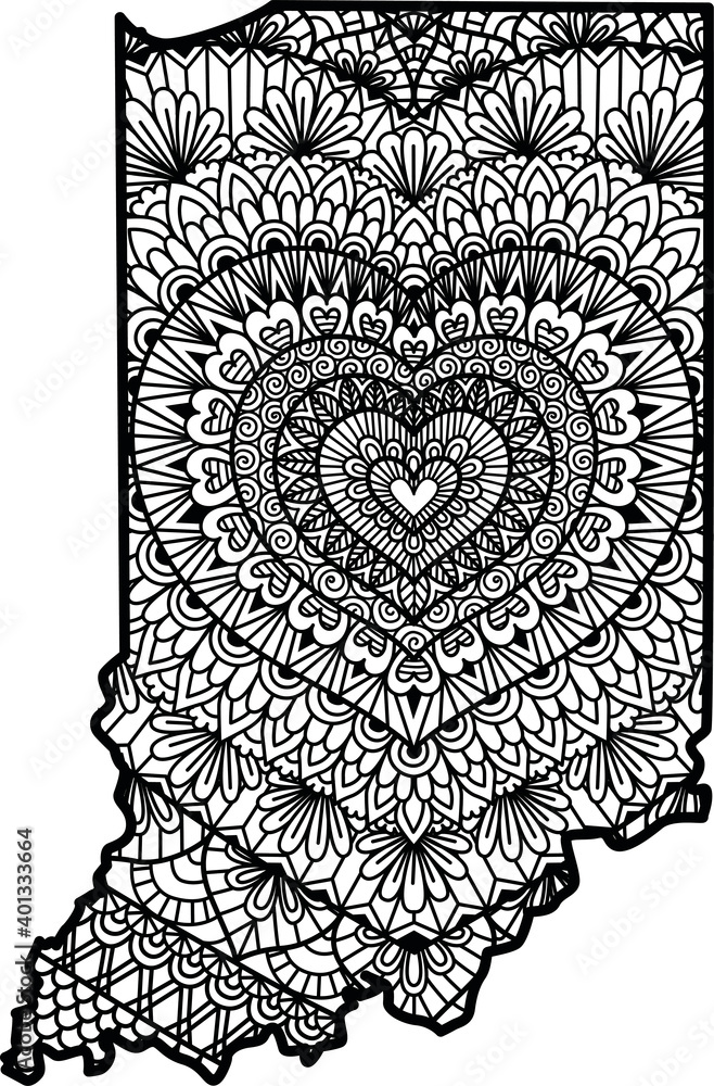 Heart shape mandala inside Indiana state map, for coloring book ...