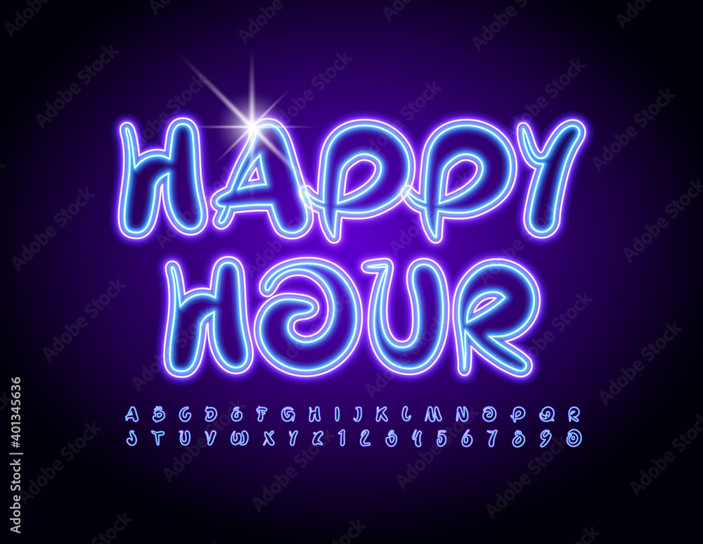 Vector neon emblem Happy Hour. Glowing artistic Font. Electric light ...