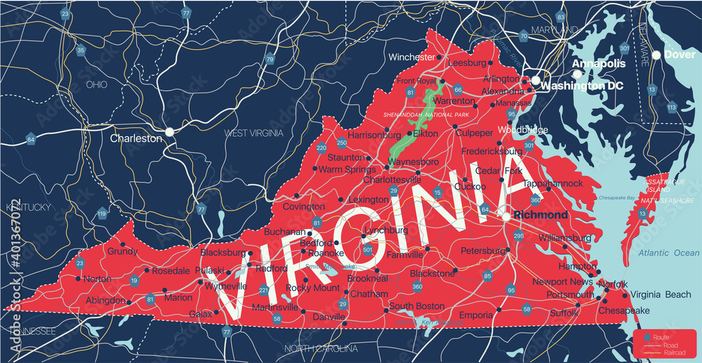 Virginia state detailed editable map with cities and towns, geographic ...