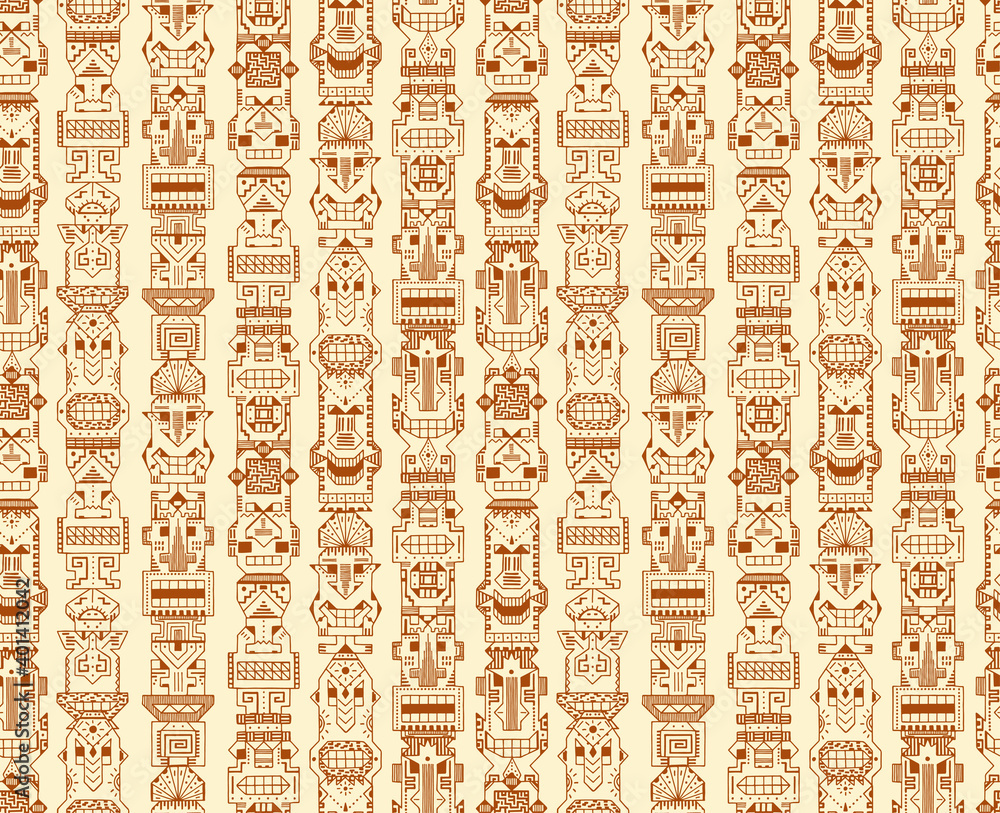 Vector Seamless pattern of Tribal Polynesian Tiki Masks. Hand Drawn ...