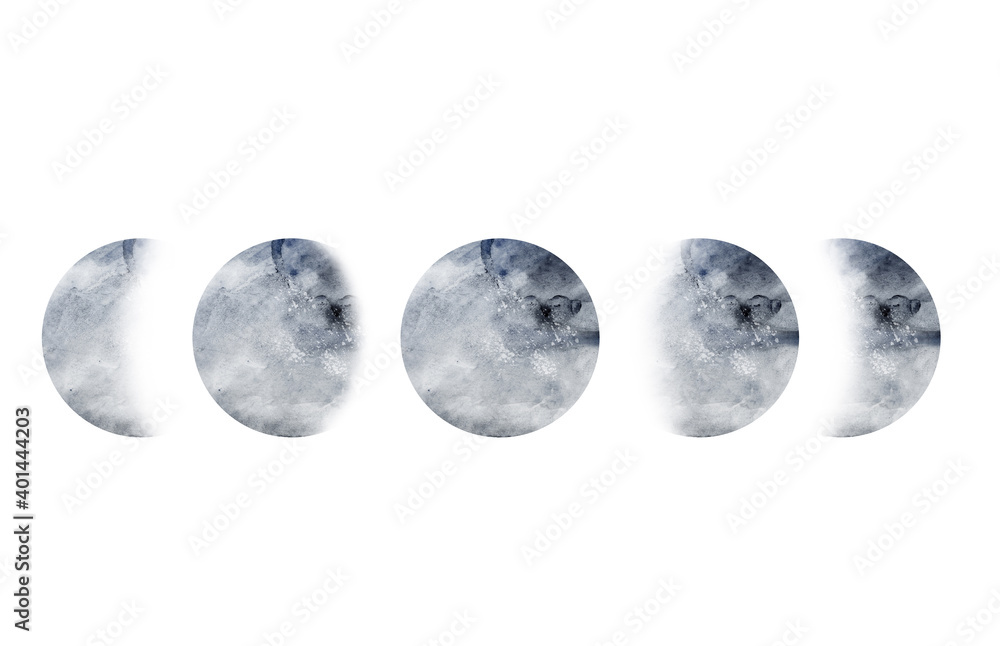 Watercolor moon phases clipart, celestial illustration set on whote ...