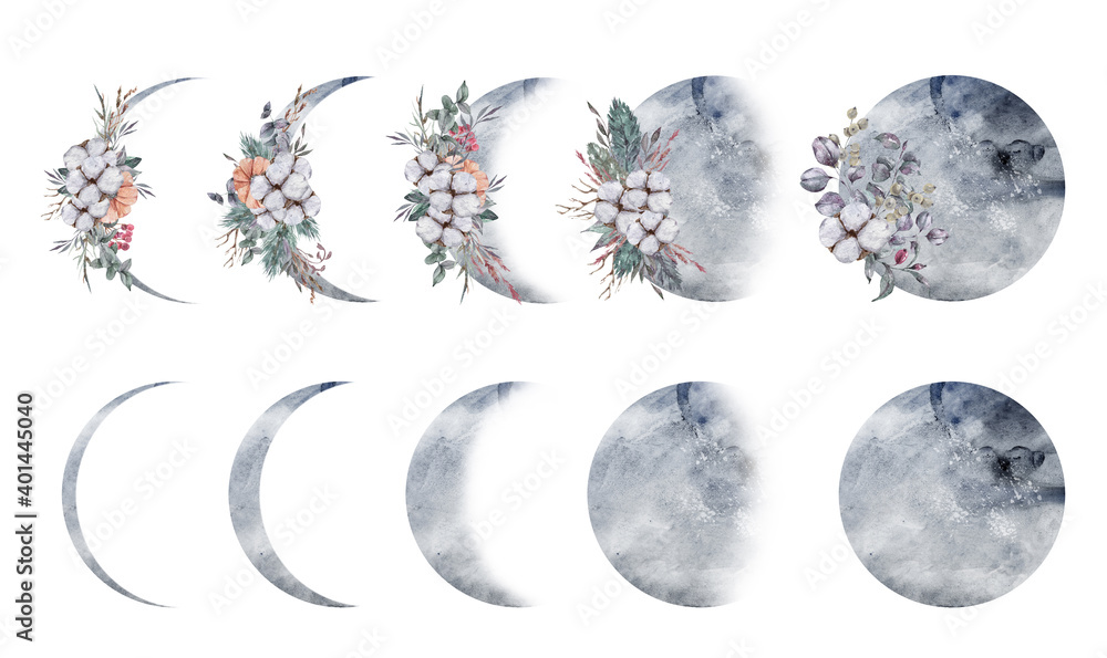 Watercolor floral moon phases clipart, celestial illustration set on ...