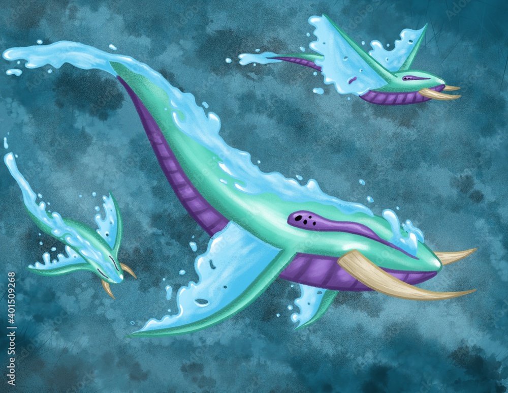 Blue magic whales float in universe. Fairy tale banner for your design ...